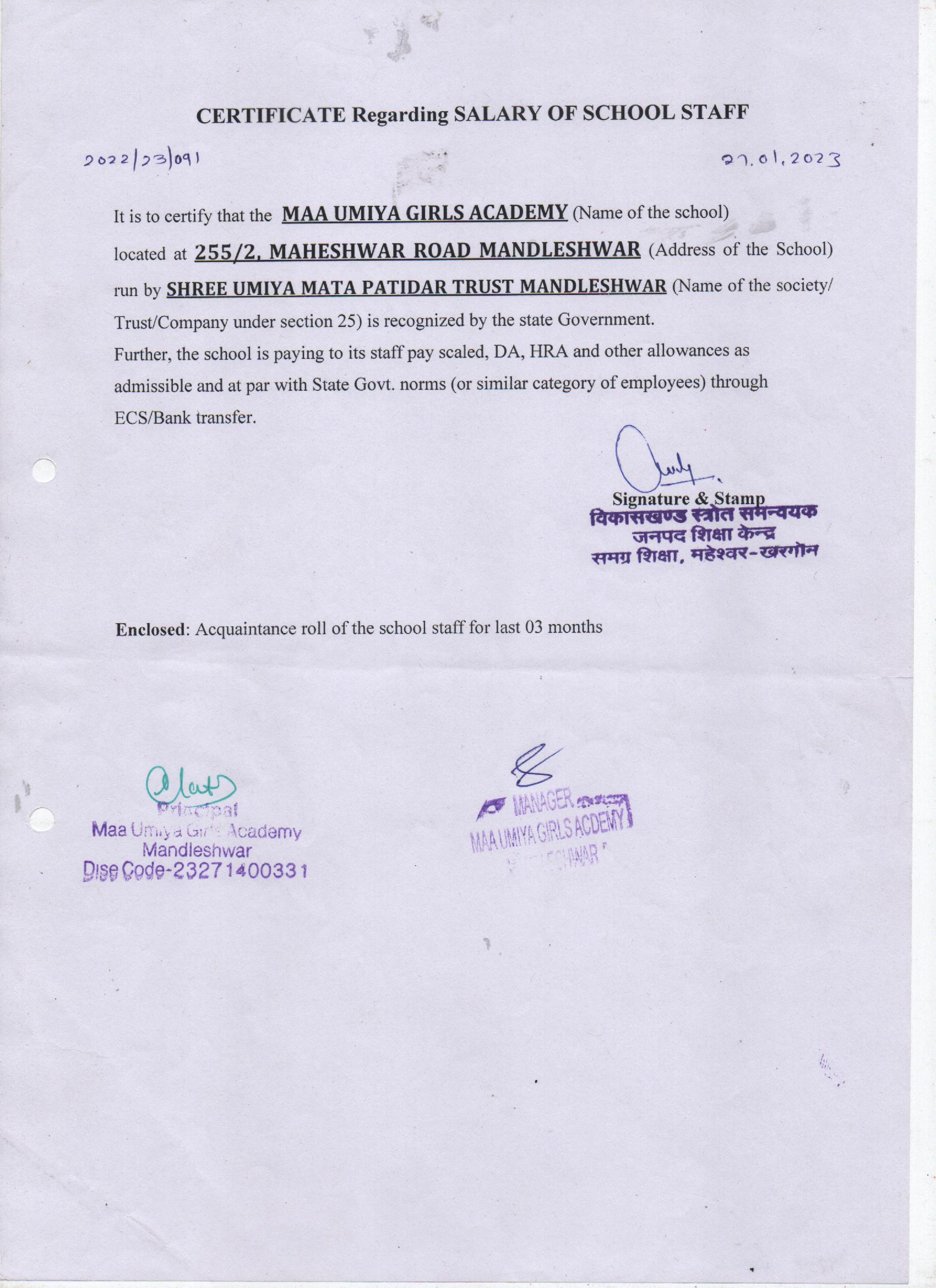 Salary Certificate – Maa Umiya Girls Academy, Mandleshwar